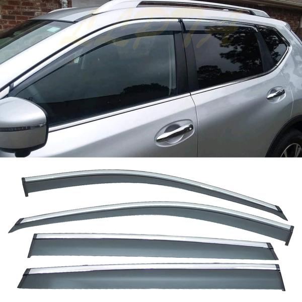 商品名: LLPTA ウィンドウバイザー 4個 14-18 エクストレイル/ローグスモークティント クロームトリム付き 外側マウントテープオン/クリップオンスタイル ポリ塩化ビニル サンレインガードベント LLPTA 4pcs Window...