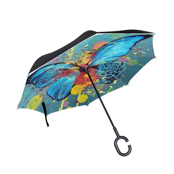 商品名:  hengpai Cool Pretty Colorful Blue Butterfly Reverse Inverted Inside Out Umbrella Cars Unigue Windproof UV Proof Do...