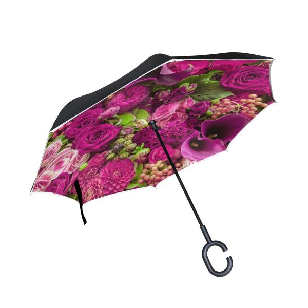 商品名:  hengpai Beautiful Pink Flowers Bunch Reverse Inverted Inside Out Umbrella Cars Unigue Windproof UV Proof Double La...