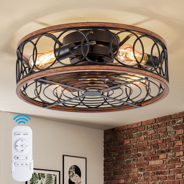 商品名:  Farmhouse Ceiling Fans with Lights and Remote, 20'' Low Profile Caged Lighting with Bladeless Fan, Rustic Flush Mo...
