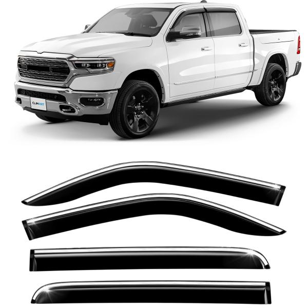 商品名:  CLIM ART Chrome Trim Incredibly Durable Rain Guards for Dodge Ram 1500 2019-2026 Crew Cab, Original Tape-on Window...