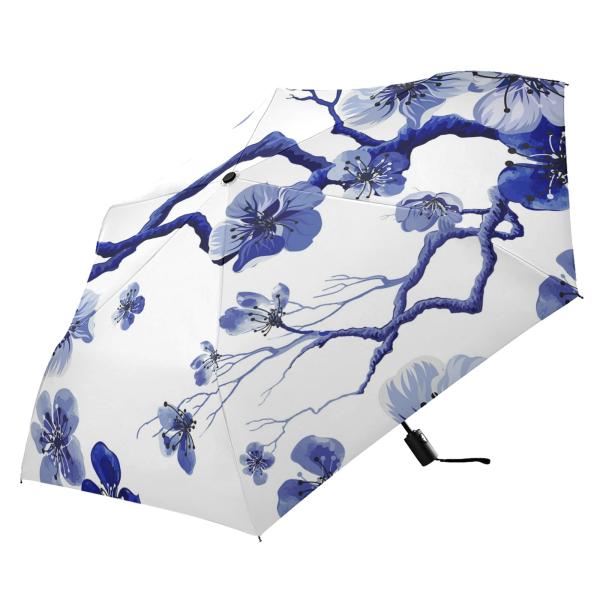 商品名:  Blue Watercolor Cherry Blossom Flowers Branch On White Automatic Windproof Waterproof Umbrella, Folding Umbrella R...