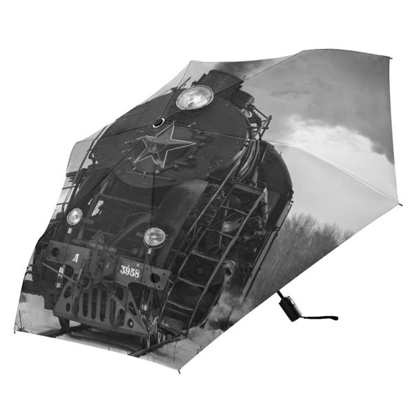 商品名:  Steam Train in Winter with White Snow, on The Track Route with Smoke Automatic Lightweight Folding Umbrella, Auto ...