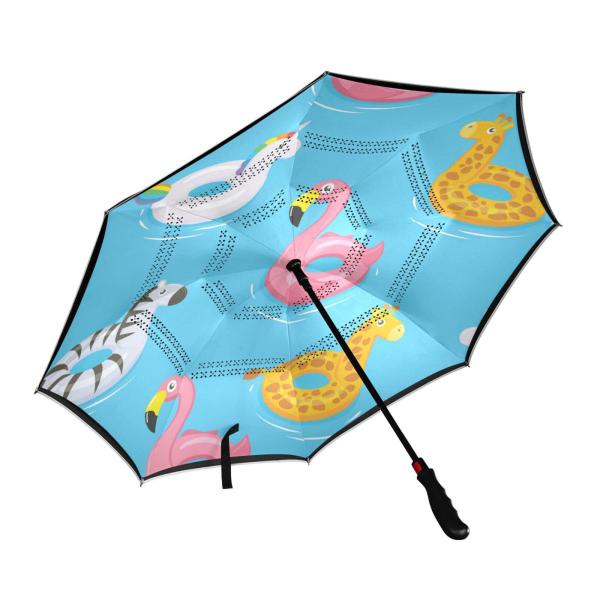 商品名:  Colorful Swimming Rings with Flamingo Unicorn Giraffe Zebra on Blue Automatic Double Layer Inverted Umbrella, Auto...