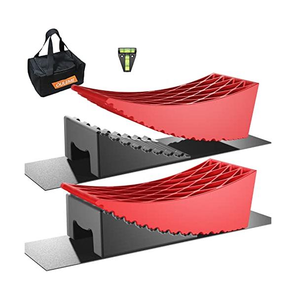 商品名: OULEME RVレベリングブロック キャンピングカーレベラー 2個パック デュアル車軸タンデムホイール トラベルトレーラー モーターホーム用 カーブしたレベラーランプ2個 チョック2個 ゴムマット2個 バブルレベル1個 収納袋1...