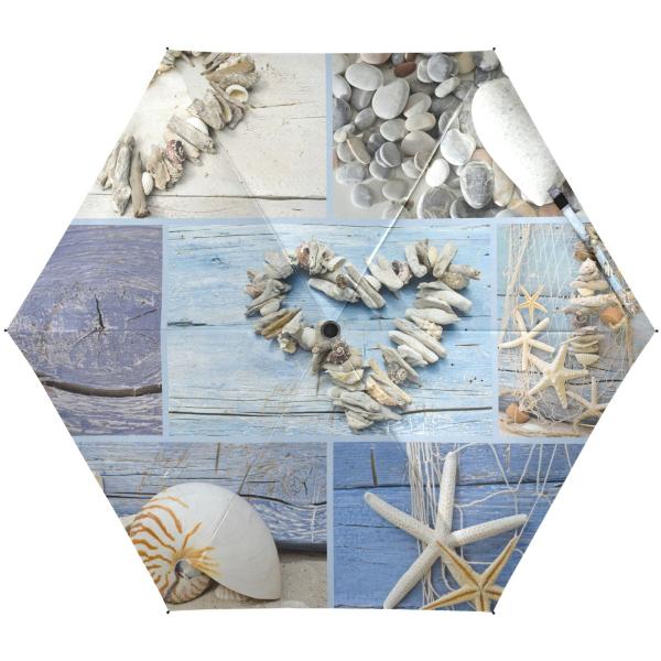 商品名:  Collage with Hearts of Seashells, Starfish, Driftwood and Beach Goods Parasol Folding Umbrella, Reinforced Windpro...