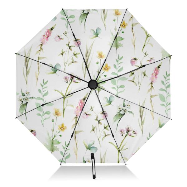 商品名:  Oyihfvs Watercolor Green Spring wild Herb Leaves and Colorful Flowers Automatic Windproof Waterproof Umbrella, Fol...