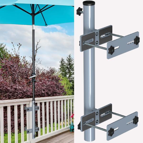 商品名: デッキマンパティオテーブル/オフセット傘手すりホルダー、電気泳動コーティングスチール屋外傘マウント/デッキ手すり用ブラケット、調節可能なベース幅(シルバー) Deck Man Patio Table/Offset Umbrella...