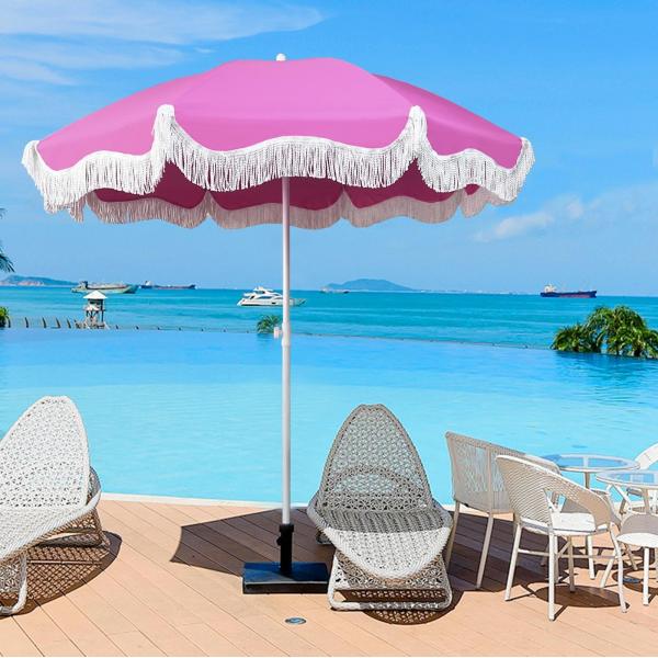 商品名:  Pink Patio Umbrella With Fringe Umbrella Outdoor Patio White Boho Beach Umbrella Sun Protection Portable Tilt Pool...