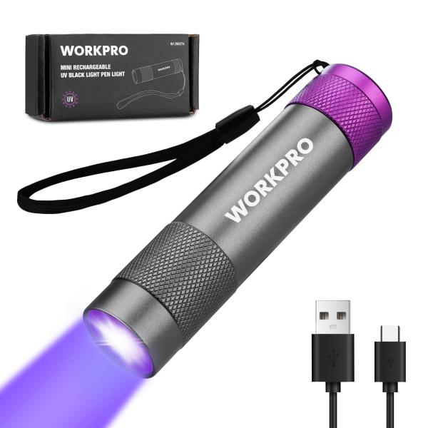 商品名: WORKPRO UV懐中電灯ブラックライト、365nm UV充電式懐中電灯、小型ポータブルブラックライト、ペットの犬の尿、汚れ検出/樹脂硬化/蛍光剤。 WORKPRO UV Flashlight Black Light, 365n...