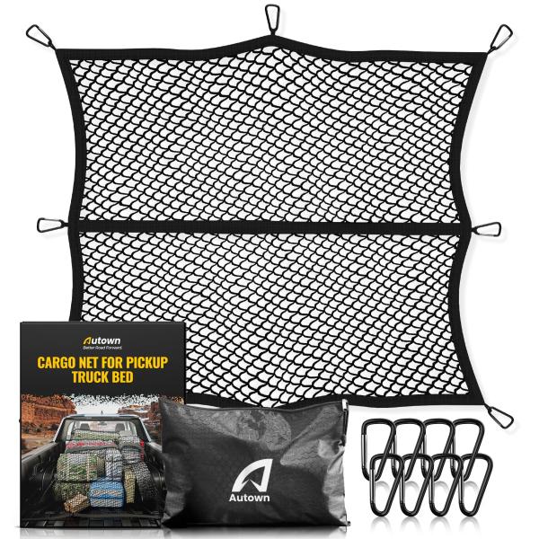 商品名:  AUTOWN Cargo Net for Pickup Truck Bed - Stretchable 4'x4' to 7'x7', High Elastic Fine Mesh 1''x1'' with 8 Metal Ca...