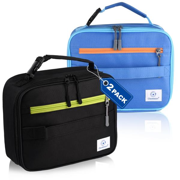 商品名: ダブルジッパー付き断熱ソフトランチバッグ2個パック - 頑丈 冷凍可能 再利用可能 子供 メンズ - 学校 仕事 アウトドア (ブラック&amp;ブルー) 2 Packs Insulated Soft Lunch Bag With...