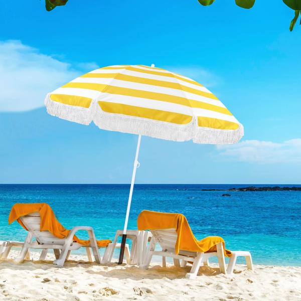 商品名:  QQB Portable Table Umbrella Outdoor Patio, Yellow and White Fringed Garden Umbrella, Tilts 45° Beach Umbrella Para...