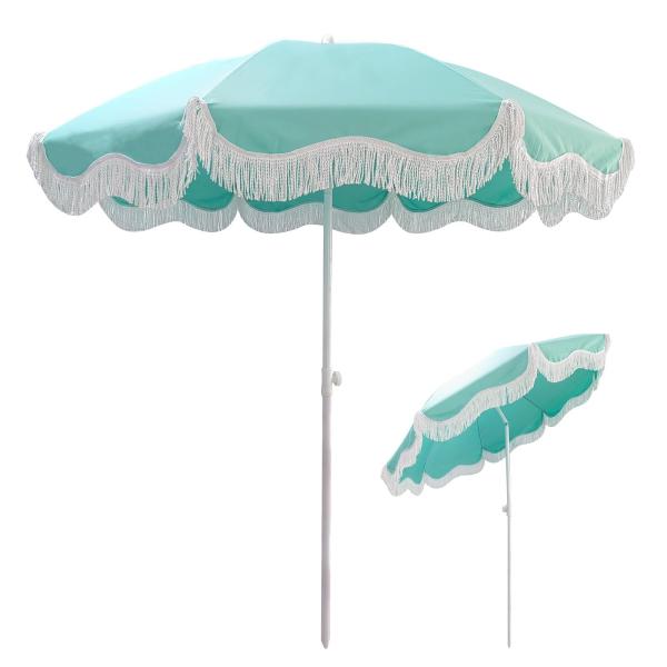 商品名:  Beach Umbrellas For Sand Green Portable Outdoor Umbrella With Fringe Boho Umbrella UPF50+ Waterproof Heavy Duty Po...