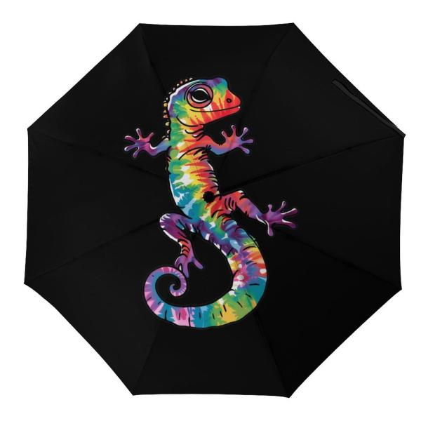 商品名:  Tie Dye Gecko Rainbow Print Travel Umbrella Portable Windproof Folding Umbrella for Rain Auto Open Close Automatic...