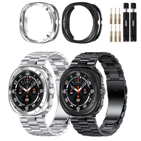 商品名: Samsung Galaxy Watch Ultra 47mm (2024年)用ハードPC保護ケース付きステンレススチールバンド 隙間なし 無地 ビジネスマン 交換用 頑丈なメタルリンクリストバンド Stainless Steel...