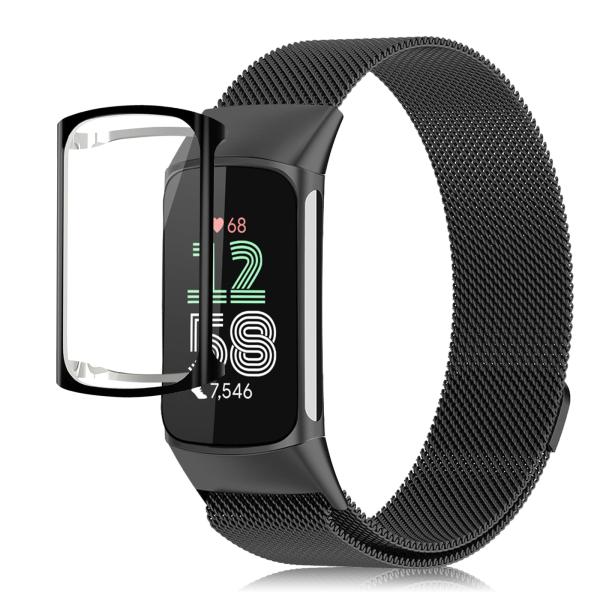 商品名: CeiLarv Fitbit Charge 5用腕時計バンド メタルステンレススチール磁気交換用ストラップ - ブラック、フルアラウンド スクリーンプロテクター TPU ブラック ケースカバー Fitbit Charge 5用 C...