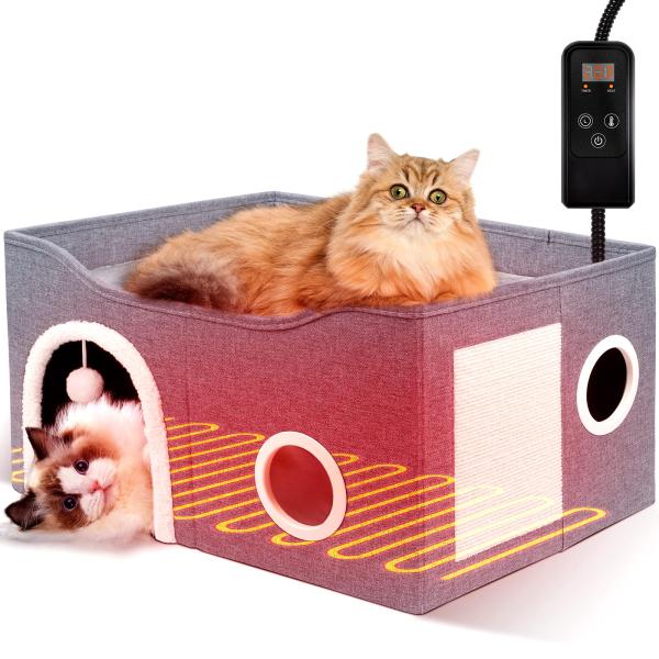 商品名:  Indoor Heated Cat House, Adjustable Temperature Cat Heating Bed with Timer and Chew Resistant Cord, Large Cat Hous...