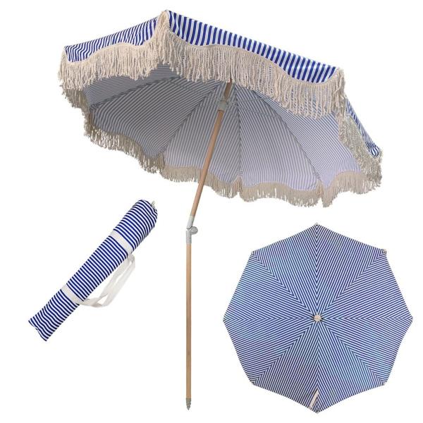 商品名:  YYmmDQ Large Outdoor Umbrella 6' Patio Umbrella Outdoor Tilt Umbrella Blue/White Stripes Sunscreen Fringe Umbrella...