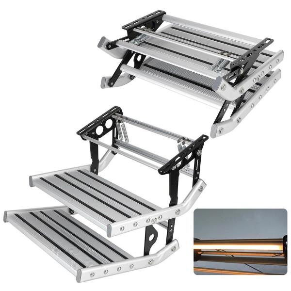 商品名:  SDdPulse RV Folding Step Trailer Entrance Stairs, Aluminum Alloy Manually Retractable with LED Lights,Withlightブラン...