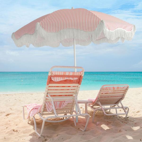 商品名:  Pink Stripe 8 Ribs Beach Umbrella With Fringe UV50+ Outdoor Umbrellas For Garden Backyard Tilt Patio Umbrellas 5.9...