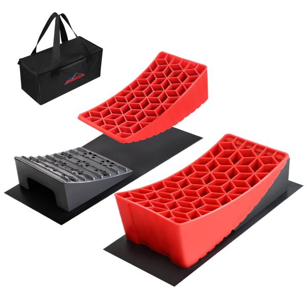 商品名: Ruedamann キャンピングカーレベラー 最大35000ポンド カーブRVレベリングブロックスロープキット ホイールチョック付き トラベルトレーラー用RVアクセサリー 滑り止めゴムマット2枚、キャリーバッグ1枚(レッド) Ru...