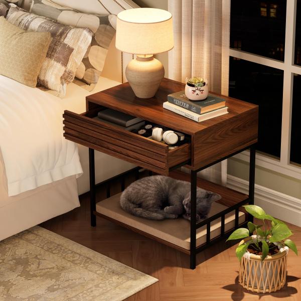 商品名: 引き出し付きエンドテーブル、ペットベッド付きソファサイドテーブル、小型犬/猫用ソフトカスト付き、金属製フレーム噛み防止、子供用小型テーブル、2~5歳用、ナイトスタンド、ベッドサイドテーブル、リビングルーム、ベッドルーム用 Cat ...