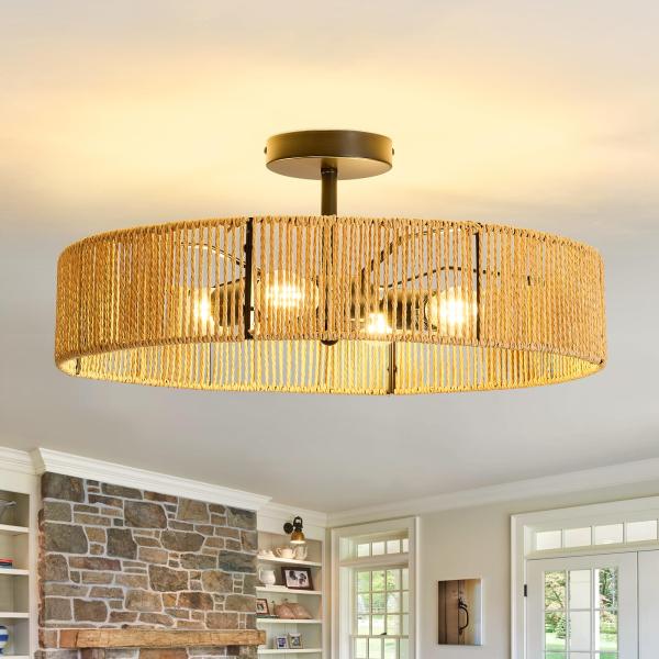 商品名:  hesoge Boho Rattan Ceiling Light Fixture Rustic Black Semi Flush Mount Ceiling Light 20 Inches 4 Light Woven Chand...