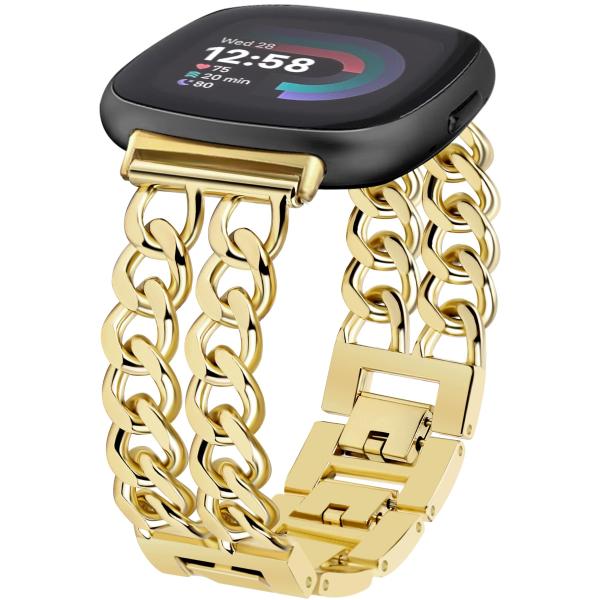 商品名: JR.DM ゴールドウォッチバンド 女性用 Fitbit Versa 4/Versa 3/Fitbit Sense 2/Senseに対応 調節可能なメタルストラップ カウボーイスチールチェーンブレスレット, 金属, 宝石なし JR...