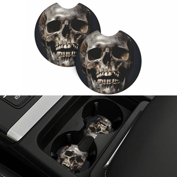 商品名:  Car Coasters 2 Pack Death Skull Car Cup Holder Coaster Absorbent Drink Coasters Auto Insert Cup Pads Non-Slip Coff...