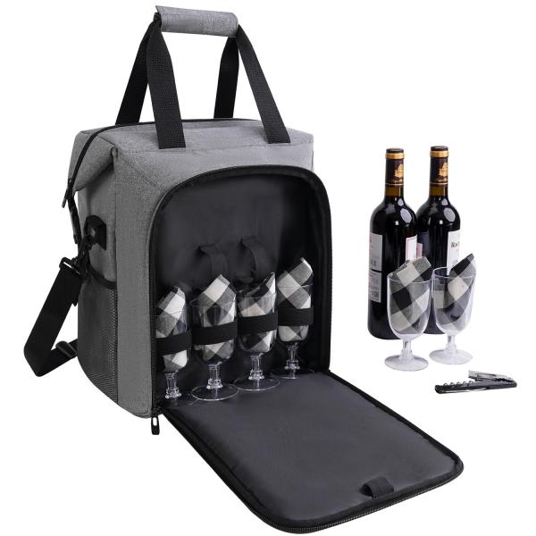 商品名: ALLCAMP 6ボトルワイントートバッグ クーラーコンパートメント付き、ピクニックセット テーブルウェア2セット(グレー) ALLCAMP 6 Bottle Wine Tote Bag with Cooler Compartme...