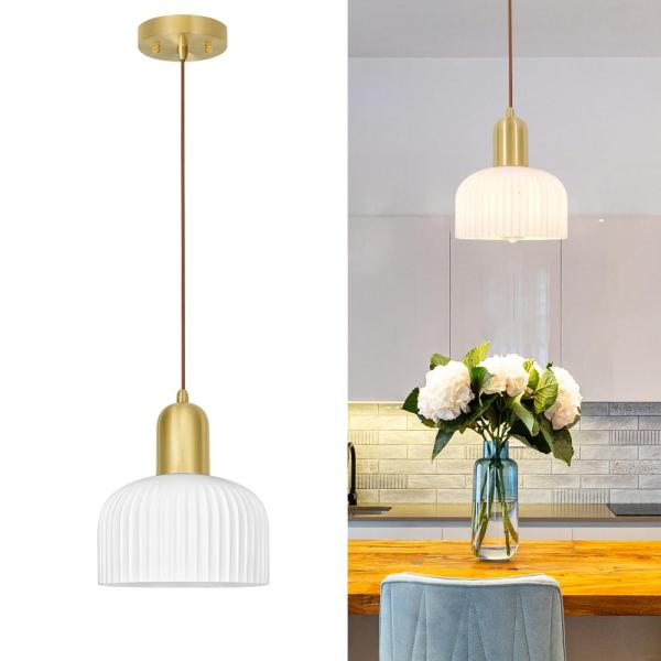 商品名:  Vintage Pendant Light, Kitchen Island Lighting with Milky White Glass, Farmhouse Ribbed Glass Pendant Light Fixtur...