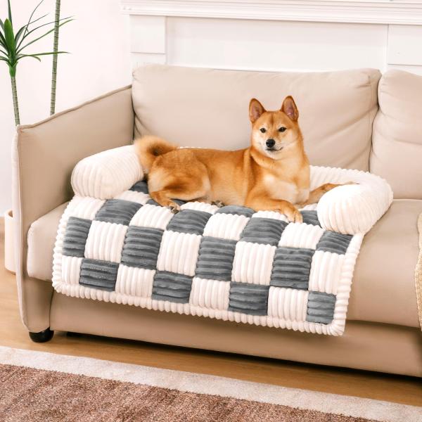 商品名:  FUNNY FUZZY Couch Cover for Sofa and Pet, Plush Dog Mat for Furniture Protector Cream Square Plaid Cozy Dog Bed Ma...