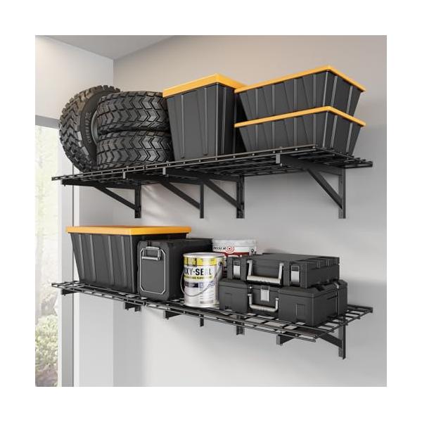 商品名: Jusgym 2個パック 2x3フィート ガレージシェルフ フック付き 高耐久 壁棚 ガレージ フローティングシェルフ ブラック Jusgym 4 Pack Heavy Duty Garage Wall Shelving Set ...