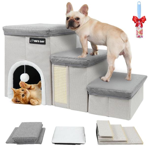 商品名:  Dog Stairs for Bed Couch Folding with Storage, Dog Stairs for Small Dogs to Get On Bed with Cat Condo, Steps for L...