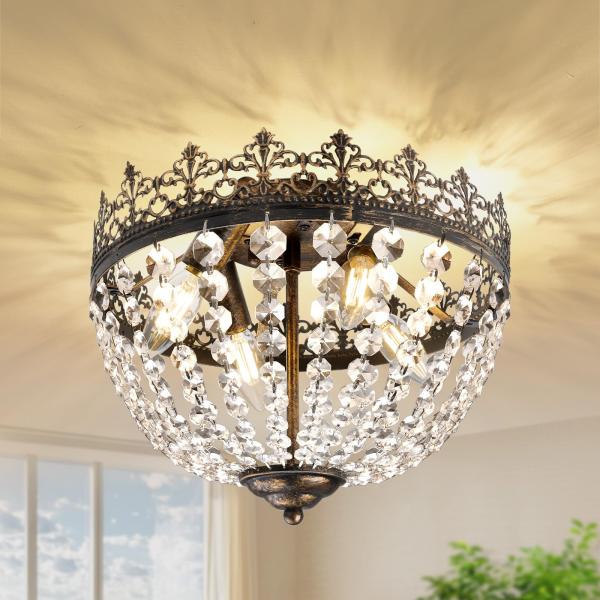 商品名:  Crystal Chandelier for Bedroom, 4-Light K9 Crystal Semi Flush Mount Ceiling Light, Vintage Ceiling Light Chandelie...