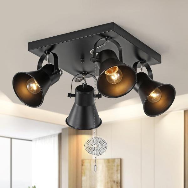 商品名:  KEESFU 4-Light Square Ceiling Light Fixture with Pull Chain Switch, Black Adjustable Track Lighting,Flush Mount Di...