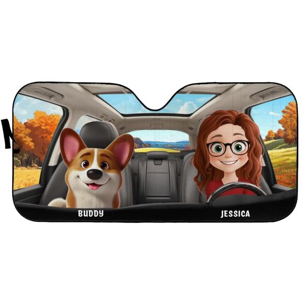 商品名: DOPTIKA Pawsome Road Trips Ahead - パーソナライズされた自動車フロントガラスサンシェード、カスタムカーウィンドウプロテクター、犬好きへのギフト、カーアクセサリー、ペット愛好家へのギフト(ペット1匹...