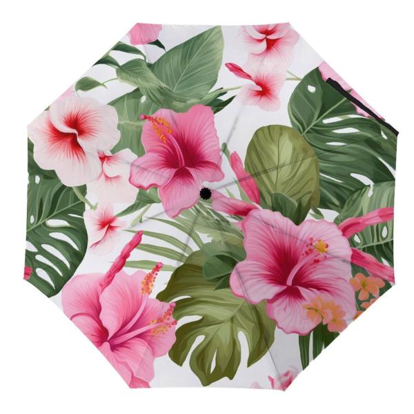 商品名:  Hawaiian Hibiscus Crystal Flower with Palm Tree LeavesTravel 3 Fold Umbrellas Windproof Automatic And Manual Umbre...