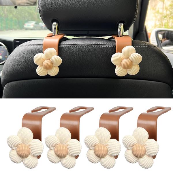 商品名: Alieemo 4個 カーヘッドレストフック かわいい花 カーシートオーガナイザーフック ポータブルシートバックオーガナイザーハンガー 財布やバッグ用 ユニバーサル自動車アクセサリー SUV、セダン、トラック用(ベージュ/ブラウン...