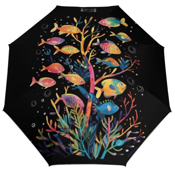 商品名:  Colorful Fishes Tree Travel Umbrella Windproof Automatic Umbrellas Folding Small Compact for Backpack Carブランド: Gen...