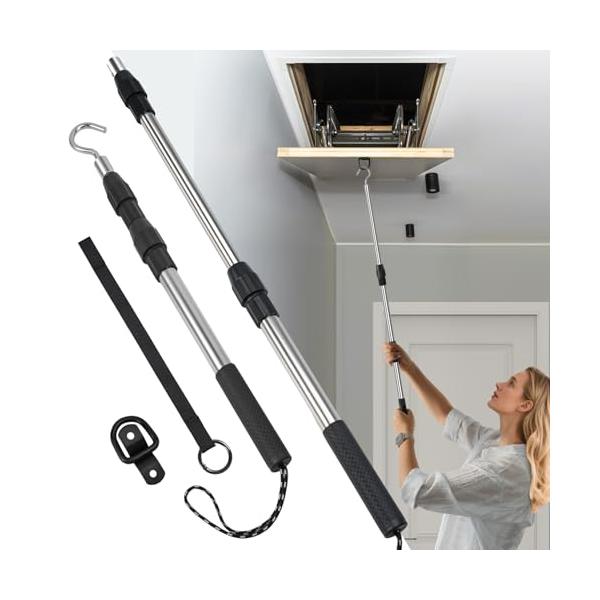 商品名: 屋根裏プルダウンフック、延長可能な屋根裏プルロッド、屋根裏はしごプルダウンシステムキットには、40インチの伸縮ポール1つ、Dリング1つ、周りにロープが付いたOリング1個が含まれます。 Attic Pull Down Hook, E...