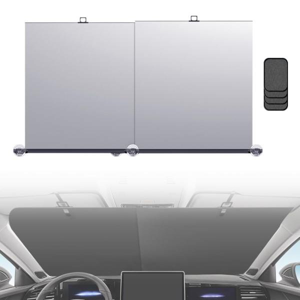 商品名: 車用自動格納式サンシェード、車のフロントガラス用格納式サンシェード ローラーシェード 99%UVカット&amp;熱保護 27 x 53インチ (1セット) Automatic Retractable Sunshade for Ca...