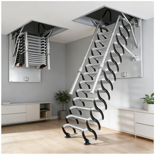 商品名: 天井取り付け屋根裏はしご 手すり付き 格納式天井屋根裏階段 プルダウンシステム付き 12段 折りたたみロフトはしご 荒い開口部用 耐荷重660ポンド (39.5 x 27.6インチ) Attic Ladder with 660 l...