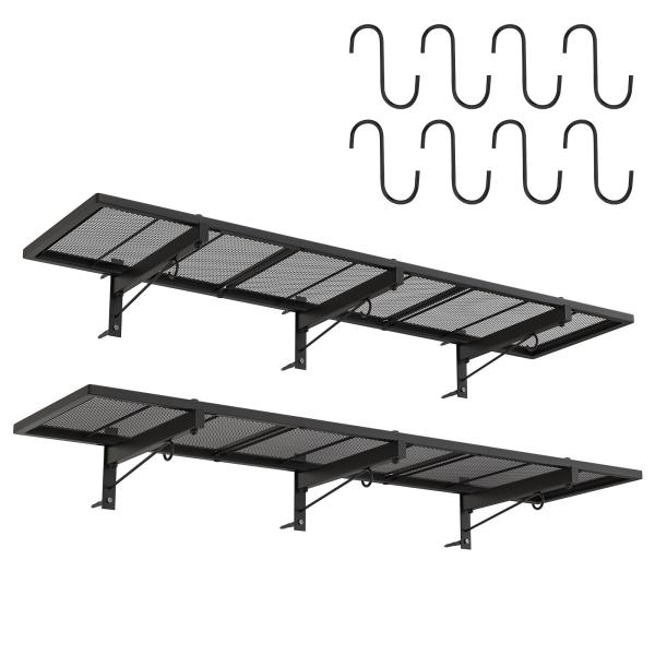 商品名: ガレージウォールシェルフ2点パック、頑丈なガレージシェルフ、46インチ x 12.5インチの壁掛けフローティングシェルフ、8つのフック付き金属製ハンギングストレージラック、ユーティリティオーガナイザー最大荷重330ポンド ランドリ...