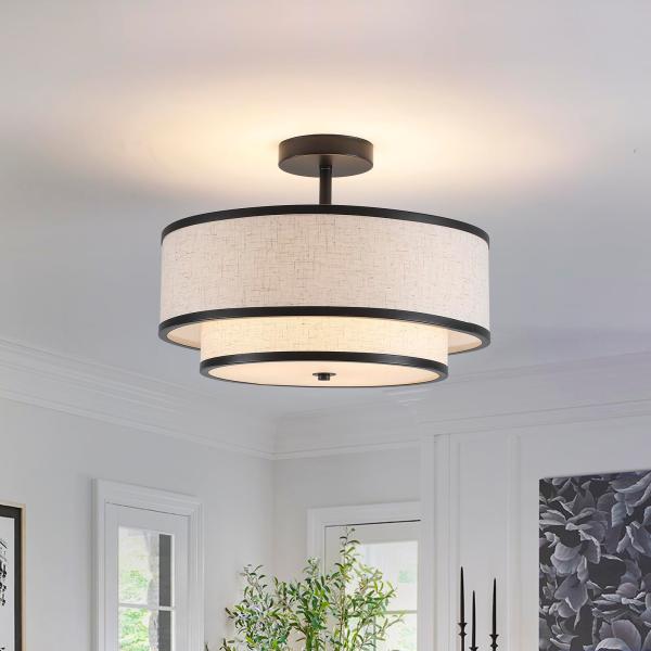 商品名:  KOLQSEAL Semi Flush Mount Ceiling Light, 3-Light Double Drum Ceiling Light Fixture with Fabric Shade, Farmhouse Ch...