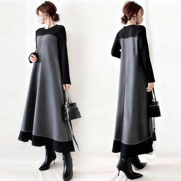 ワンピースレディース秋冬 バイカラーワンピース 秋物 大人きれいめ 40代50代60代 ミモレ丈ワンピース フレアワンピース Aラインワンピース 長袖 丸首【素材】　　    ポリエステル【裏地】          なし【伸縮性】     ...