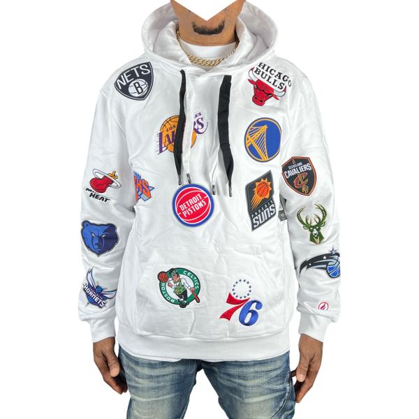 ●NBAオールチーム総柄ロゴデザイン。　●ドローストリング（紐）が黒・白2本使用された凝ったデザイン。●コットン・スパンデックス使用の生地で手触りがいいです。男女関係なくご着用いただけます。●ブラックもあります。　●裏起毛　●コットン95%...