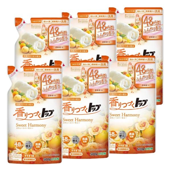 【ブランド】トップ【商品名】香りつづくトップ Sweet Harmony【商品の形状】液体洗剤【香り】フルーツ＆フラワーの香り【内容量】500g×6個セット（合計3,000g）【液性】中性【JANコード】4903301355700【商品特徴...