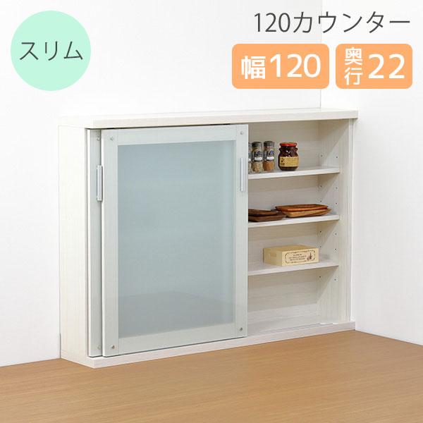 サイズ(cm)■カウンター下収納W120×D22×H85cm■材質天板・側板：化粧合板扉部：4mm厚強化ガラス(飛散防止フィルム貼り)■仕様・重量：約28kg・可動棚板6枚付き・転倒防止金具付き・幅木対応(9×0.6cm)・日本製(注意事項...